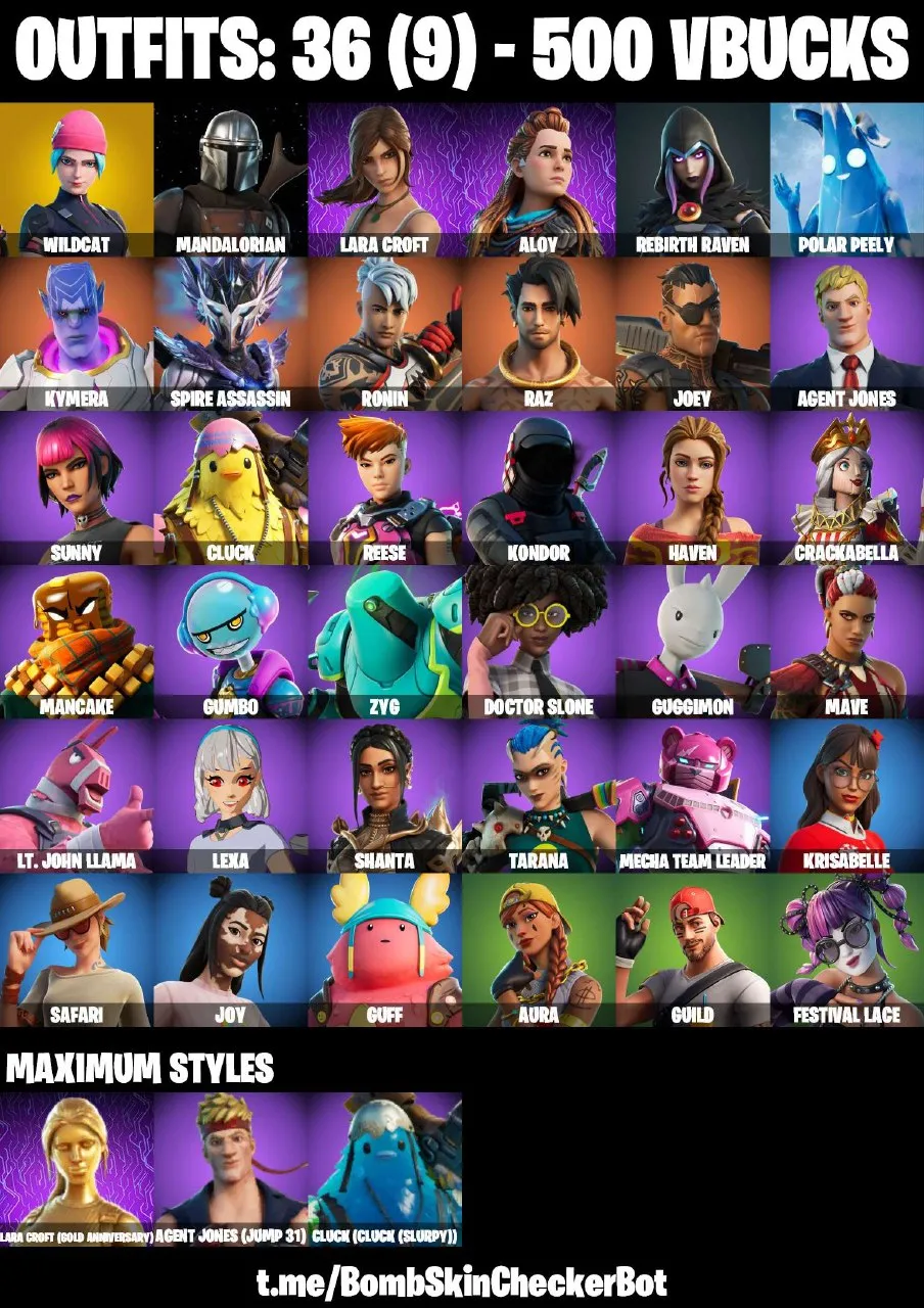 36 SKINS+WILDCAT+GOLDEN LARA CROFT+MANDALORIAN+WINDMILL FLOSS+ALOY+AURA ...