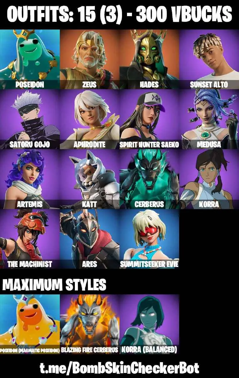 ️15 SKINS ️SATORU GOJO ️GET GRIDDY ️SUMMITSEEKER EVIE ️ARTEMIS ️MEDUSA ...