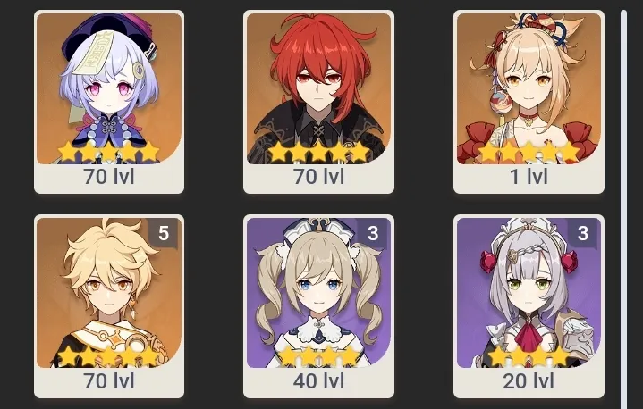 [NA] AR 45 | 19 chars - yoimiya + qiqi [lv70] + diluc [lv70] + ningguang + beidou + fischl ...