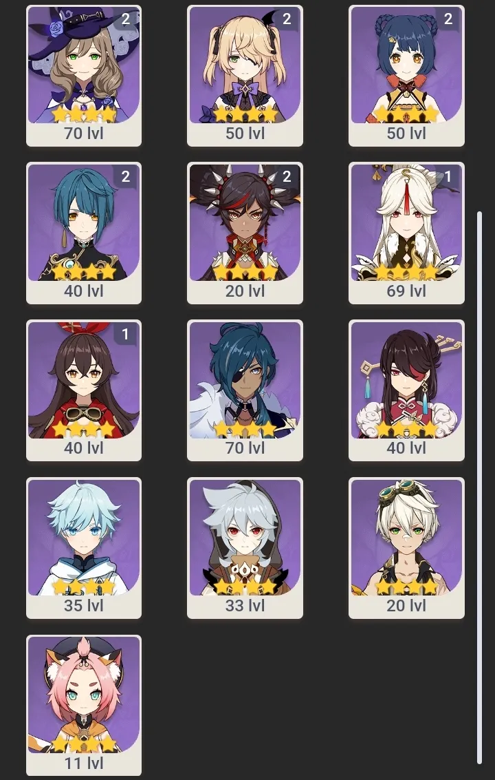 [NA] AR 45 | 19 chars - yoimiya + qiqi [lv70] + diluc [lv70] + ningguang + beidou + fischl ...