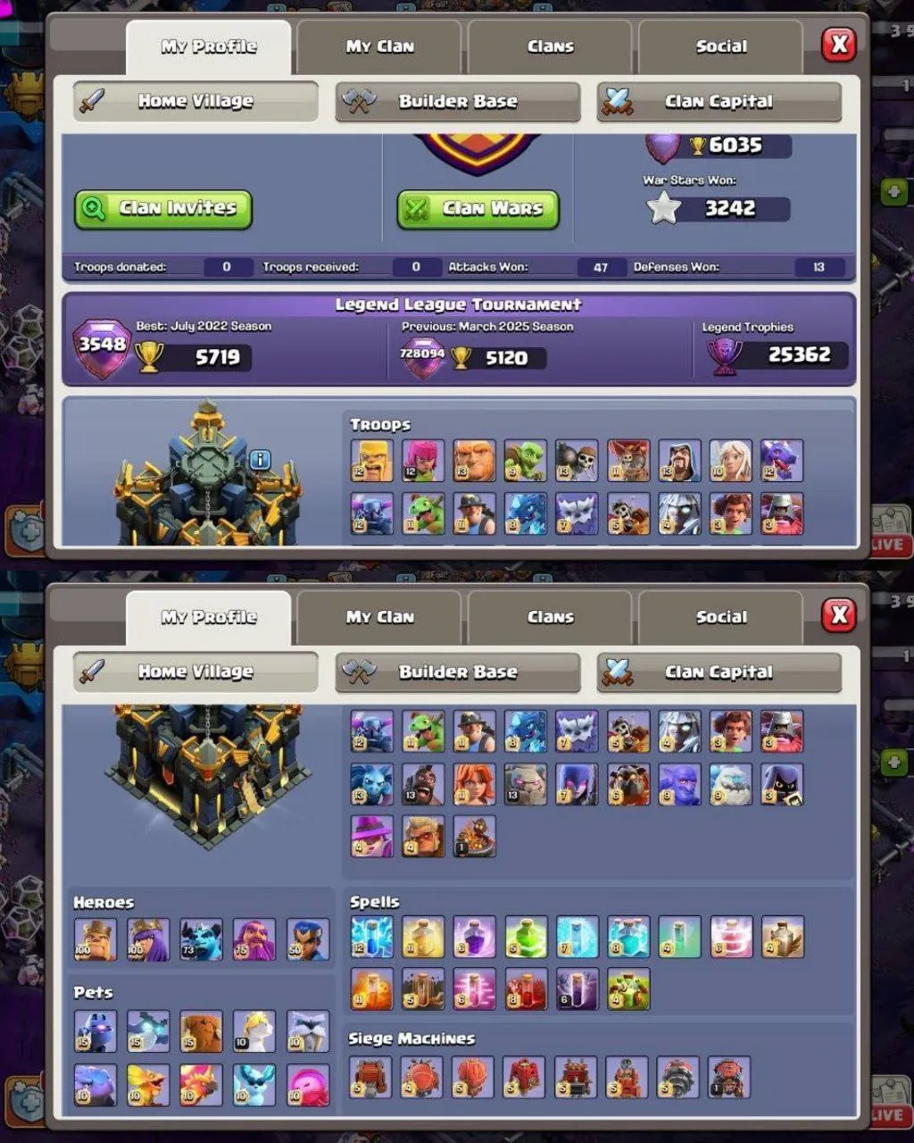 ♻️ Th17 Max 99%♻️ 29/29 Equipments maxed♻️ Many more skins scenerys♻️ ...