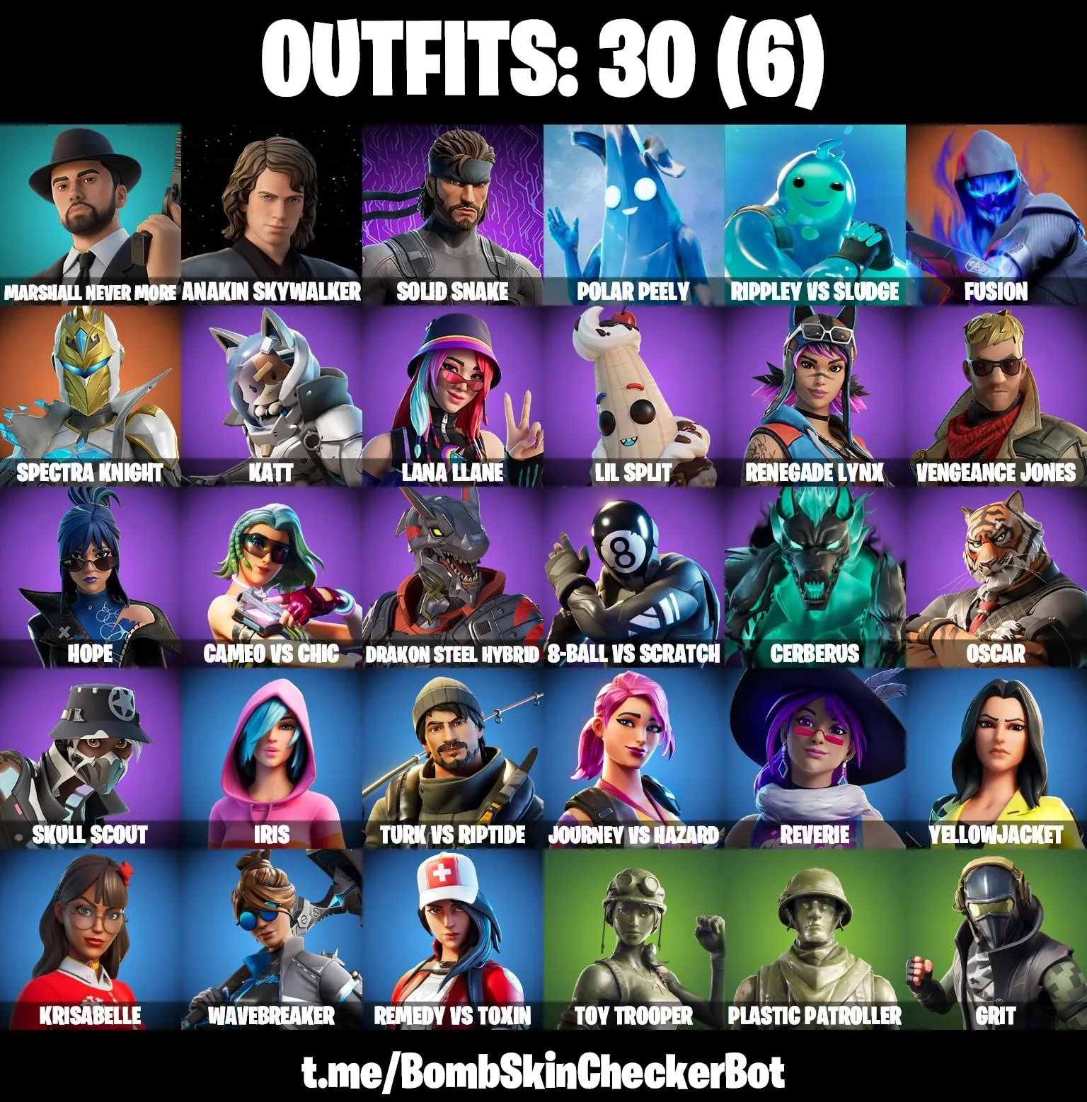 🌠PC/PSN/XBOX⭐30 Skins⭐ Toy Trooper, Iris, Solid Snake, Fusion, Renegade ...