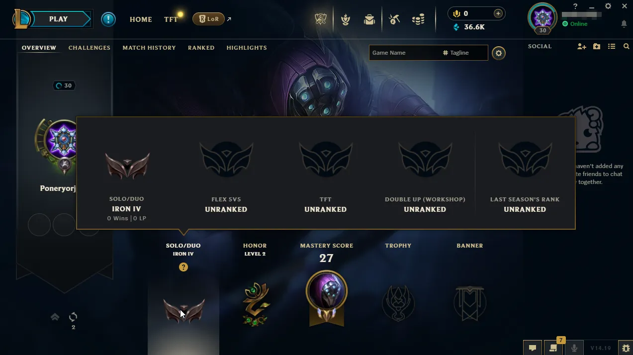 🌐 NA ⭐ Iron IV ⭐ 24 Champions ⸱ 36680 BE ⸱ Hand Deranked ⸱ Low MMR | 1v9
