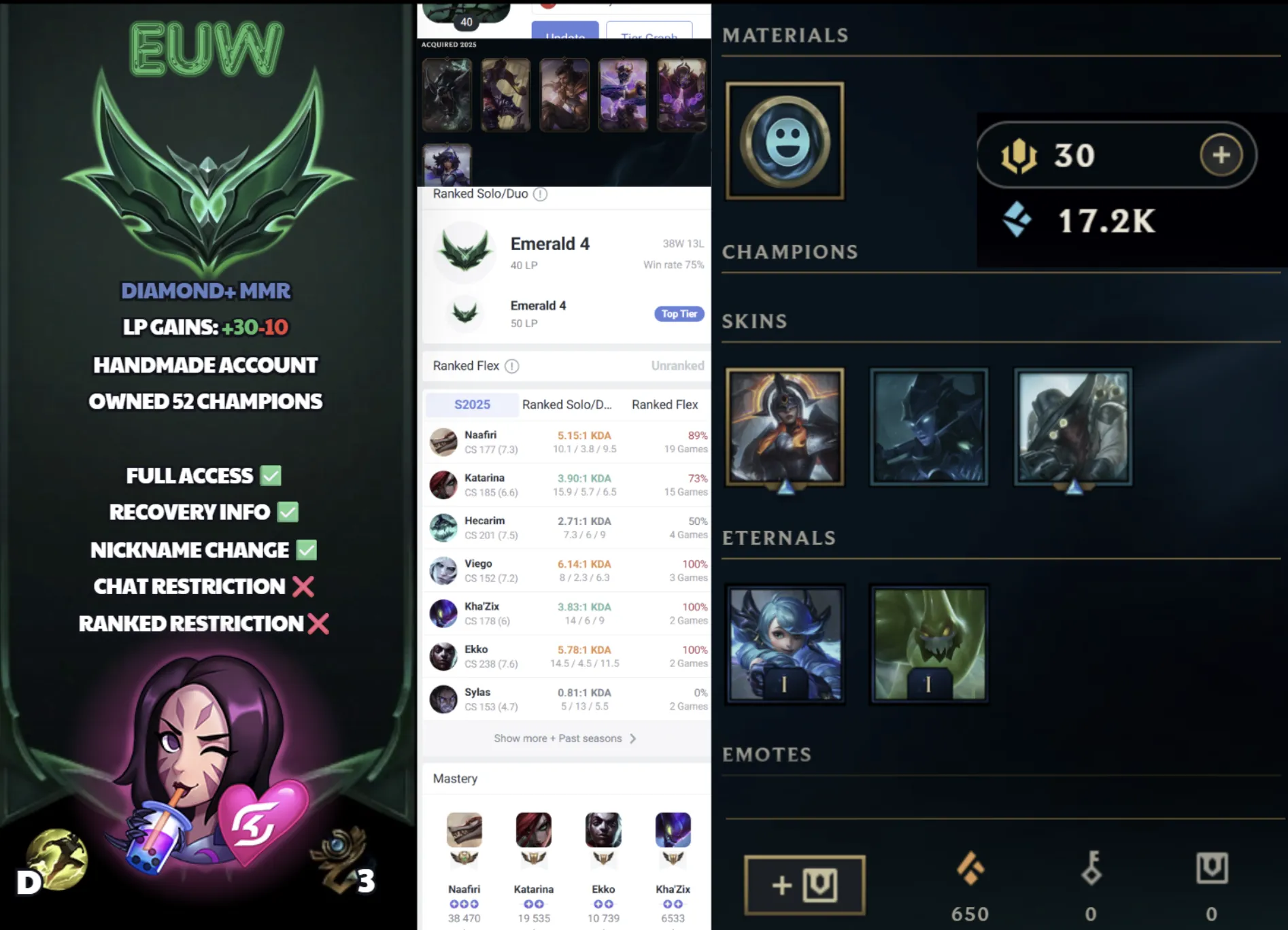 🌍 EUW 🔒 Handlevel ⚡ Emerald IV (40 LP) WR:75% 🔥 +30LP Gains ♾️ Lifetime Ownership 📧 Full Email ...