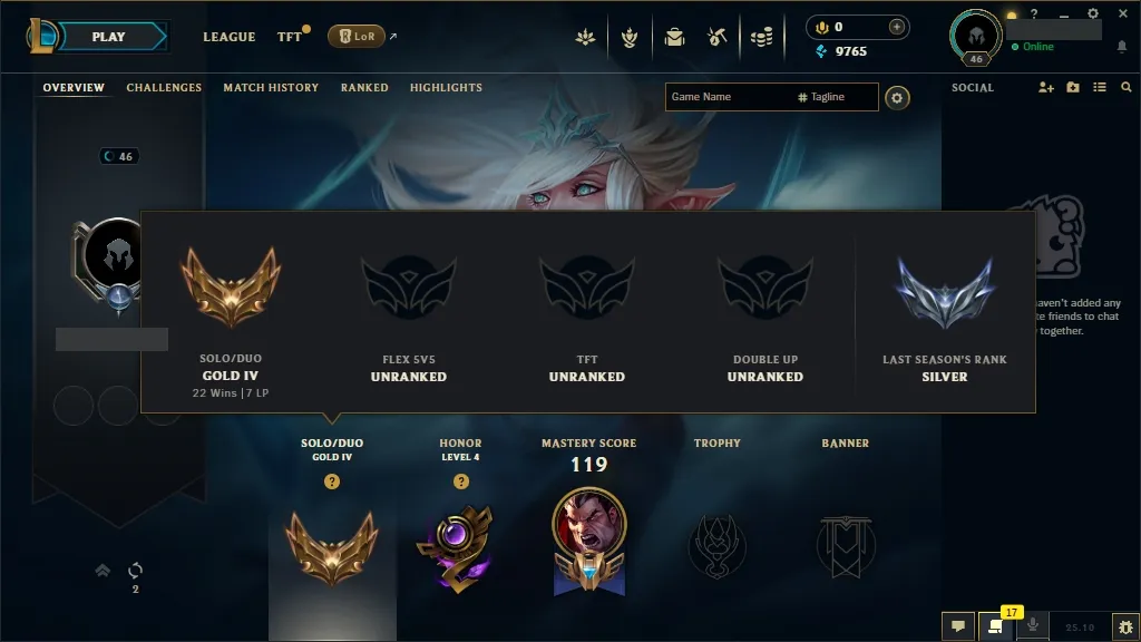 【NA】 S15 Gold IV (7 LP) | 🟡 lv 46 ⭐ 38 Champs | 🔵 9765 BE ⭐ NA Gold ...